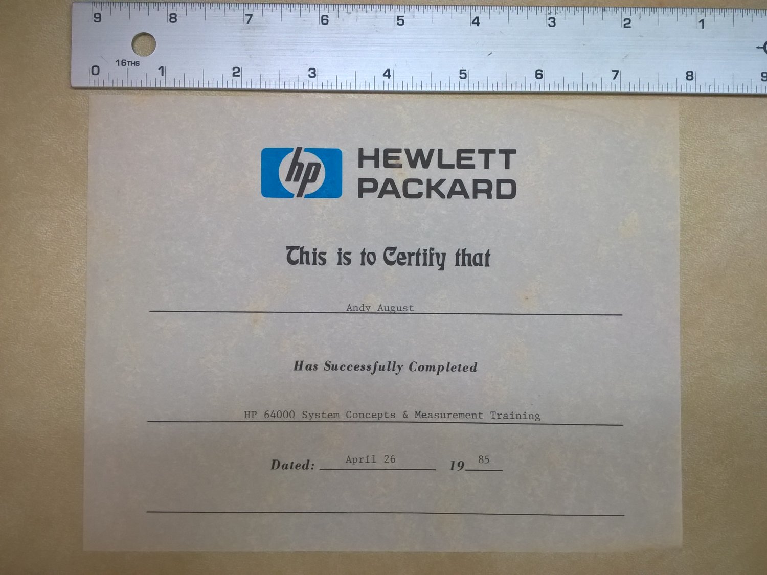 Hewlett Packard Diploma, Dated 1985, HP