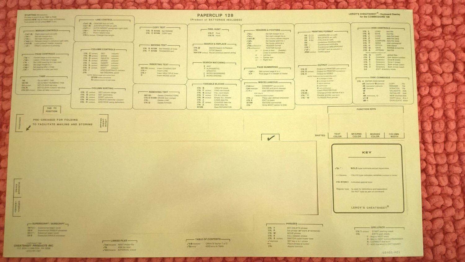 PaperClip Keyboard Overlay / Cheatsheet For Commodore 128, BRAND NEW ...