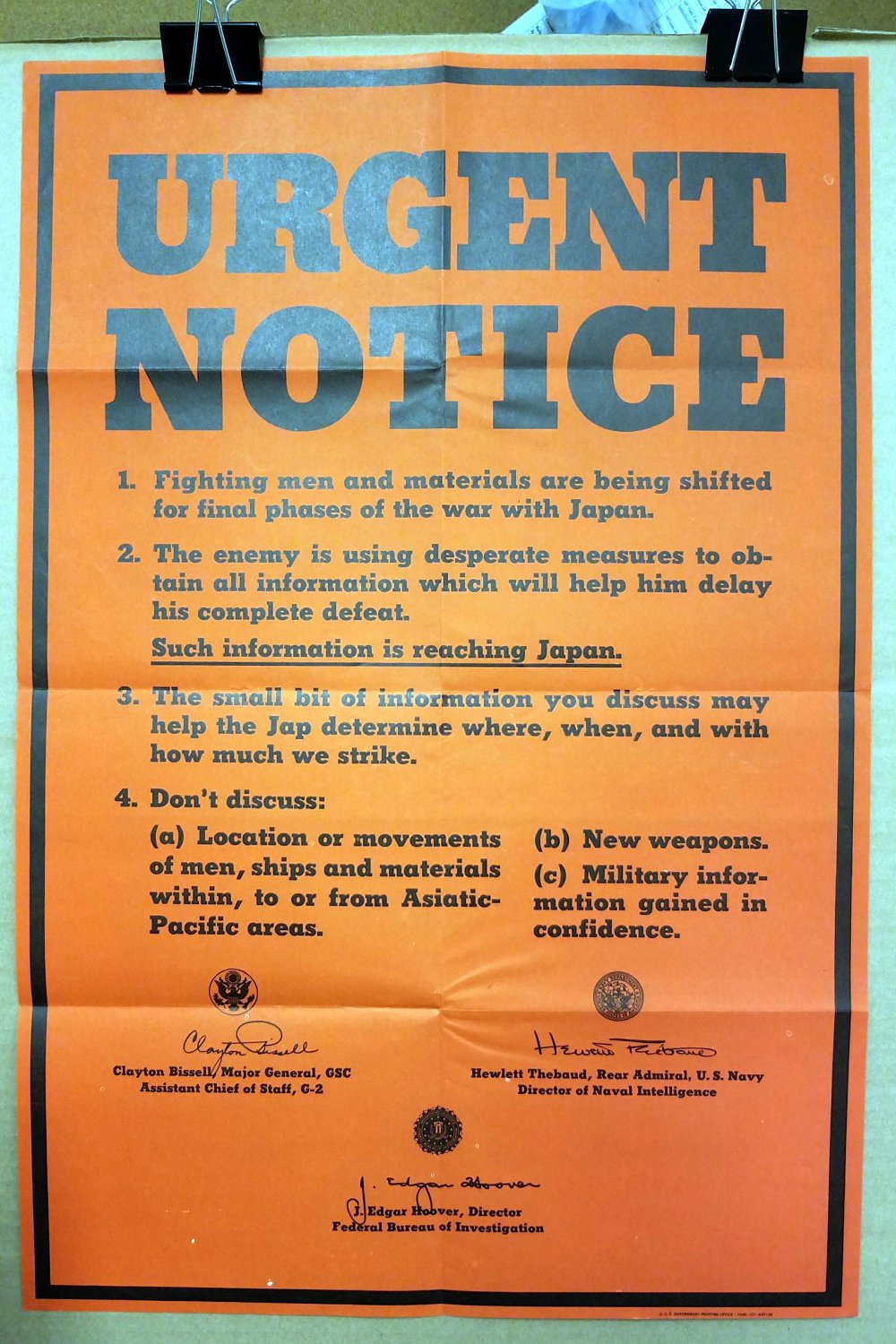 World War II Propaganda Poster - URGENT NOTICE – (1945)
