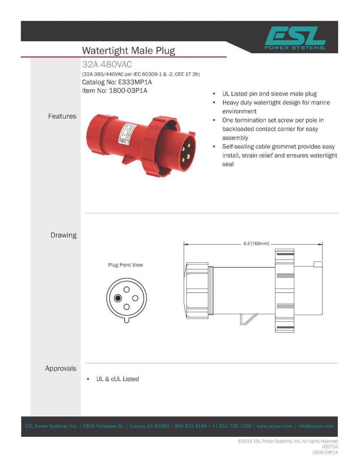 Container Reefer Male Plug 32A 480VAC Watertight 3 phase ESL 1800-03P1A ...