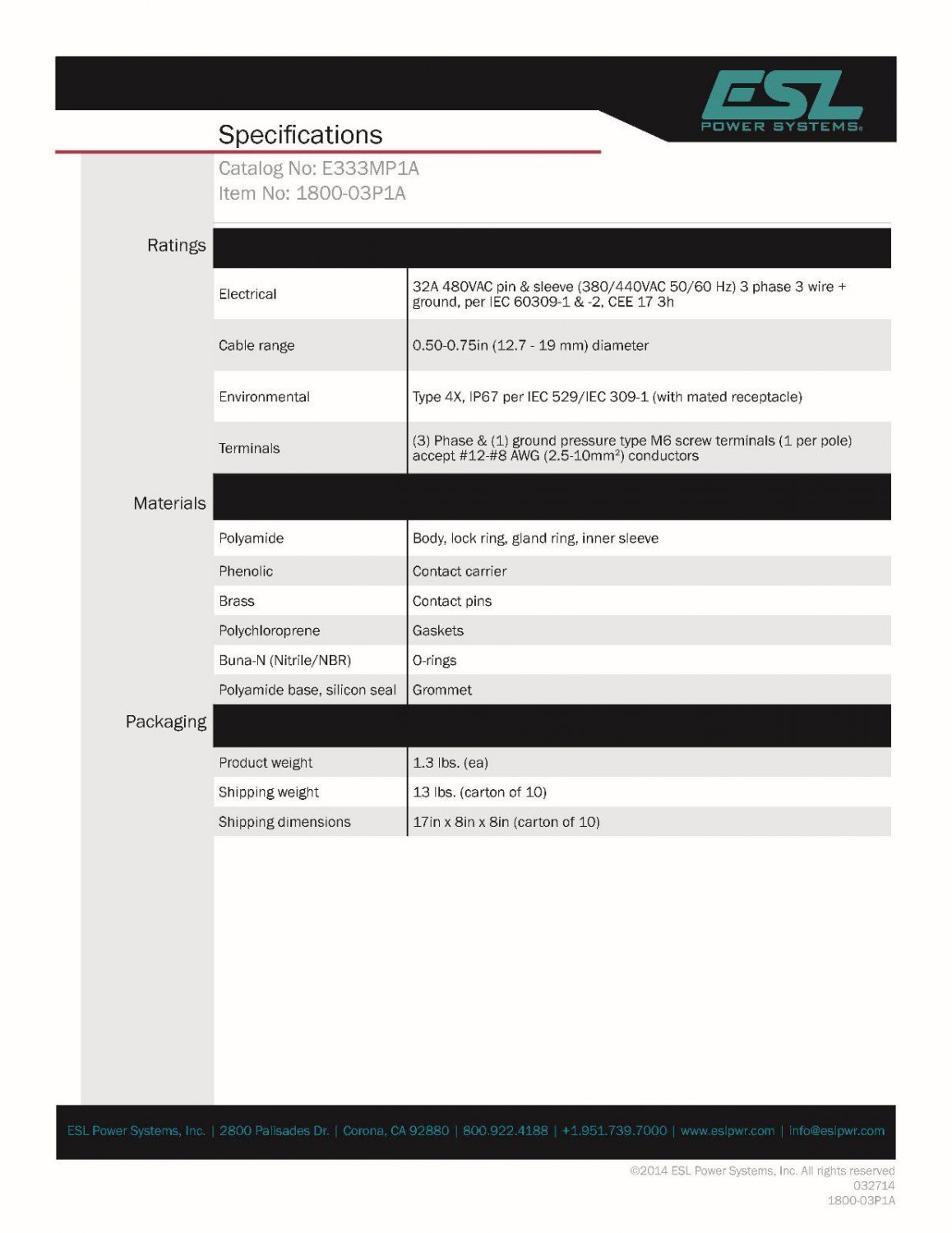 Container Reefer Male Plug 32A 480VAC Watertight 3 phase ESL 1800-03P1A ...