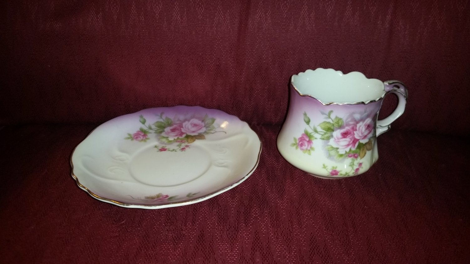 Vintage Lefton China Hand Painted 2758 Purple w/ Roses Tea Cup & Saucer Set