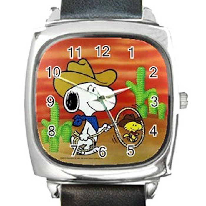 Snoopy & Woostock Western Cowboys Square Metal Watch With Leather Band