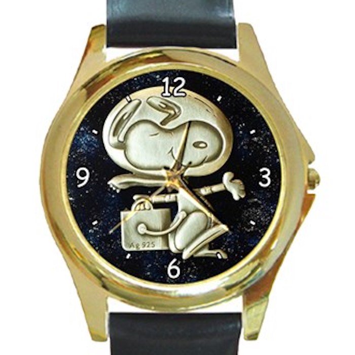 Snoopy Astronaut Unisex Round Gold Metal Watch-Leather Band