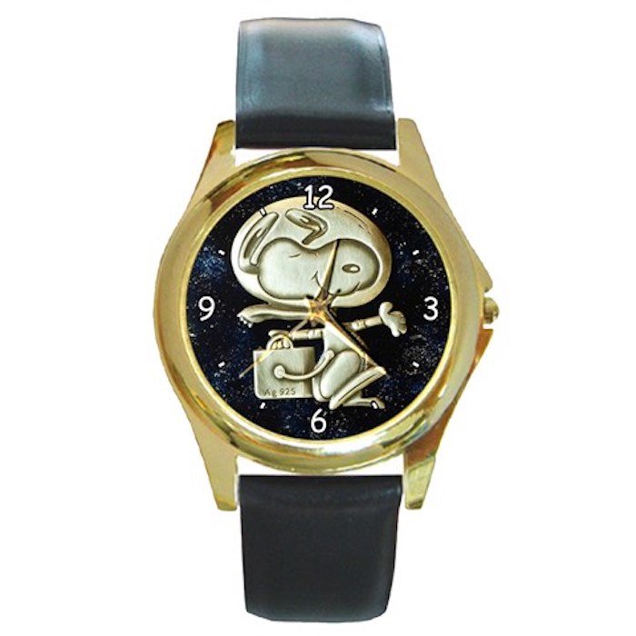 Snoopy Astronaut Unisex Round Gold Metal Watch-Leather Band