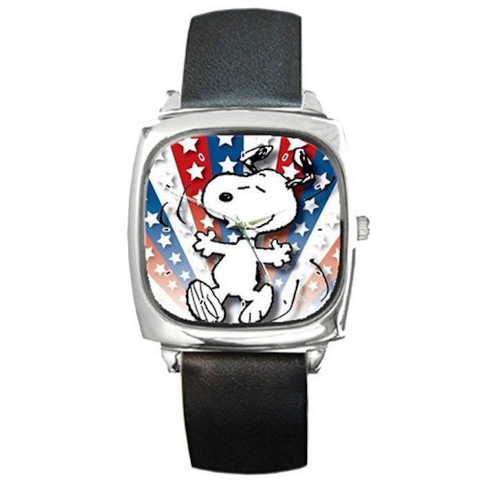 Snoopy & Star Spangles Square Metal Watch With Leather Band