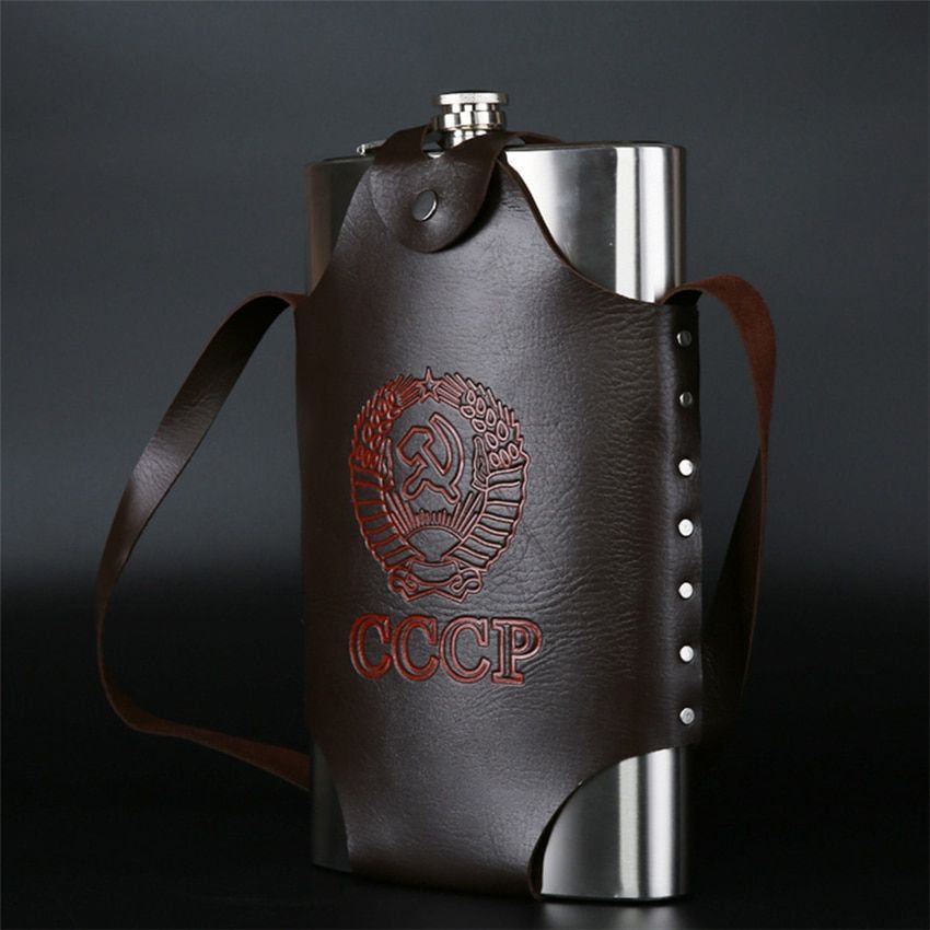 Hip Flask Large Capacity Leather Stainless Steel Alcohol Whiskey CCCP 64 Oz