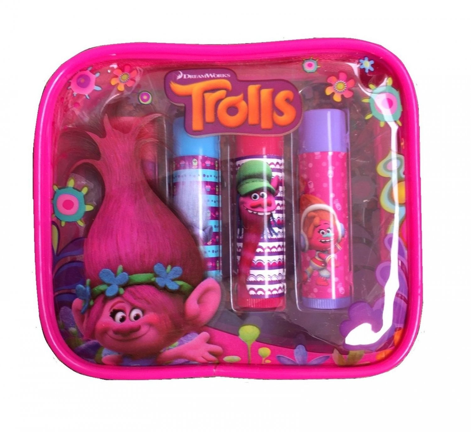 Dreamworks Trolls Childrens Girls Lip Balm Set of 4 Flavours In Zip Bag