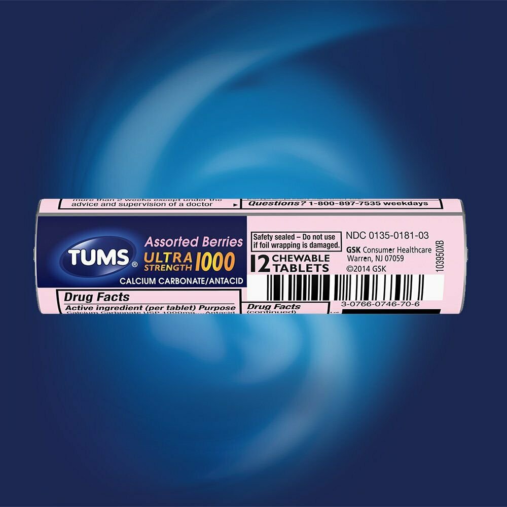TUMS Ultra Strength Antacid 1000mg Calcium Carbonate Assorted Berries,12 Ct