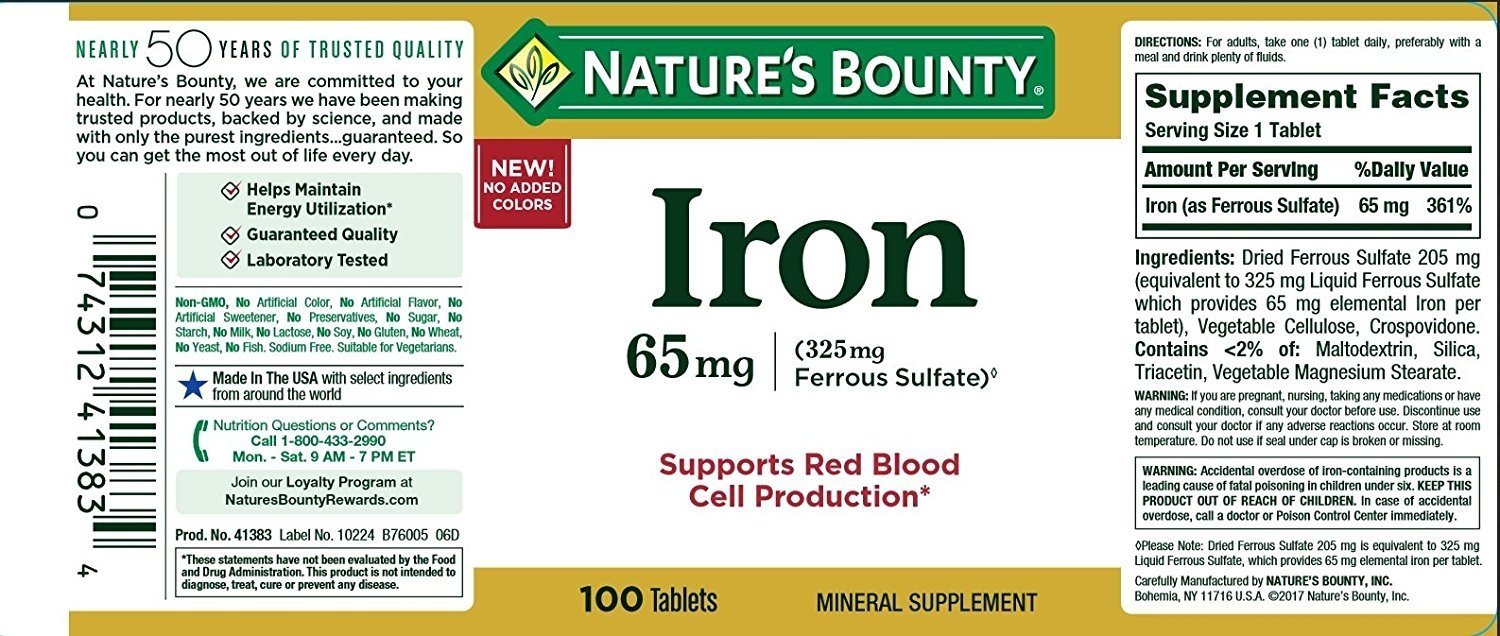Nature's Bounty Iron 65 mg, 100 Tablets