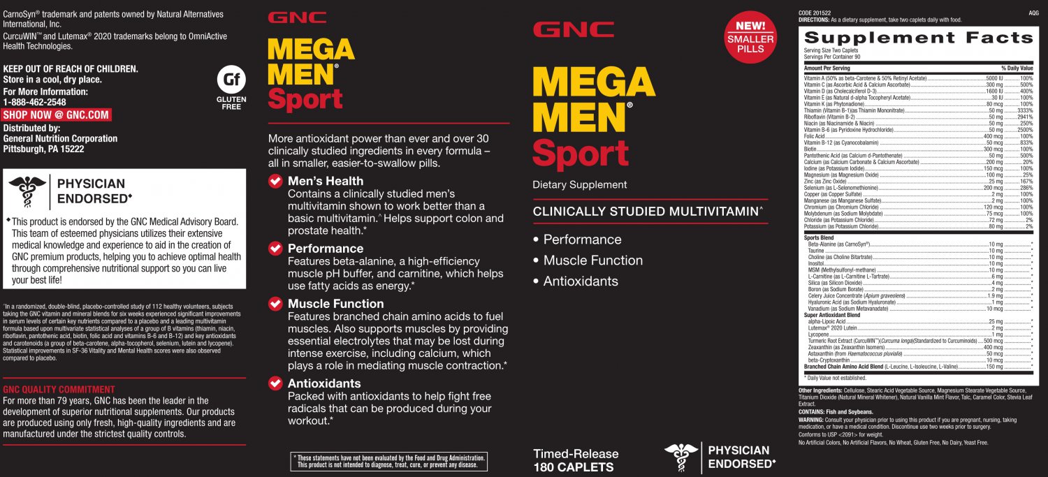 GNC Mega Men Sport Multivitamin, 180 Timed-Release Caplets, Dietary ...