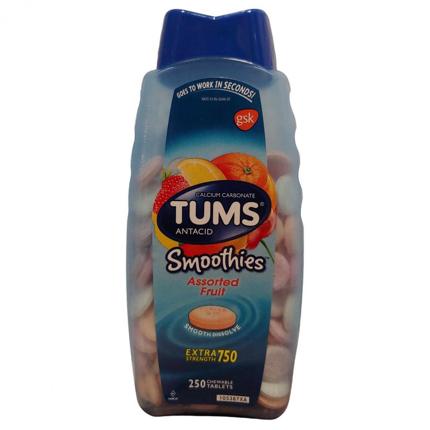 TUMS Smoothies Antacid, Extra Strength 750, Assorted Fruit, 250 ...