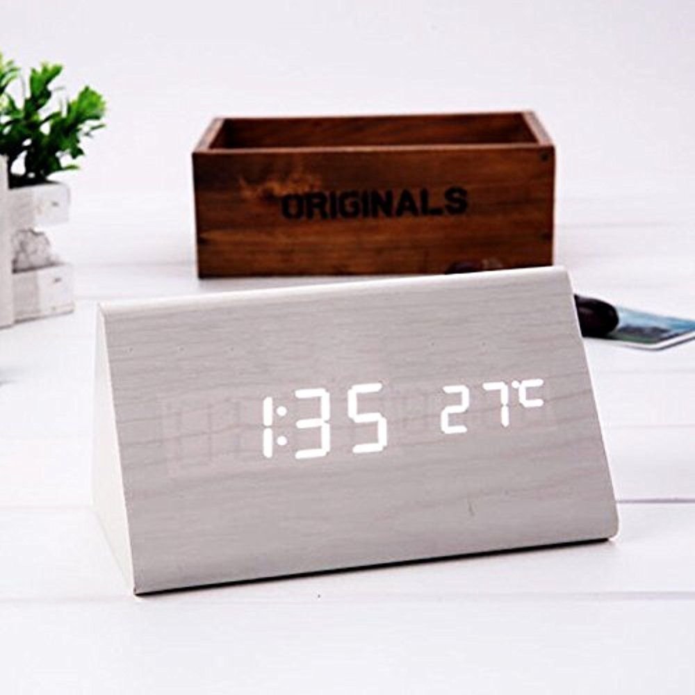 Dual Power Wooden LED Digital Alarm Clock, Displays Time Date And ...