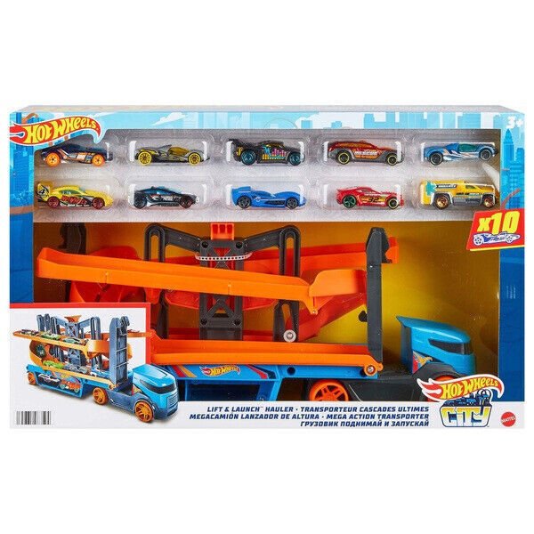 Hot Wheels Lift & Launch Hauler Playset with 10 Die-Cast Vehicles