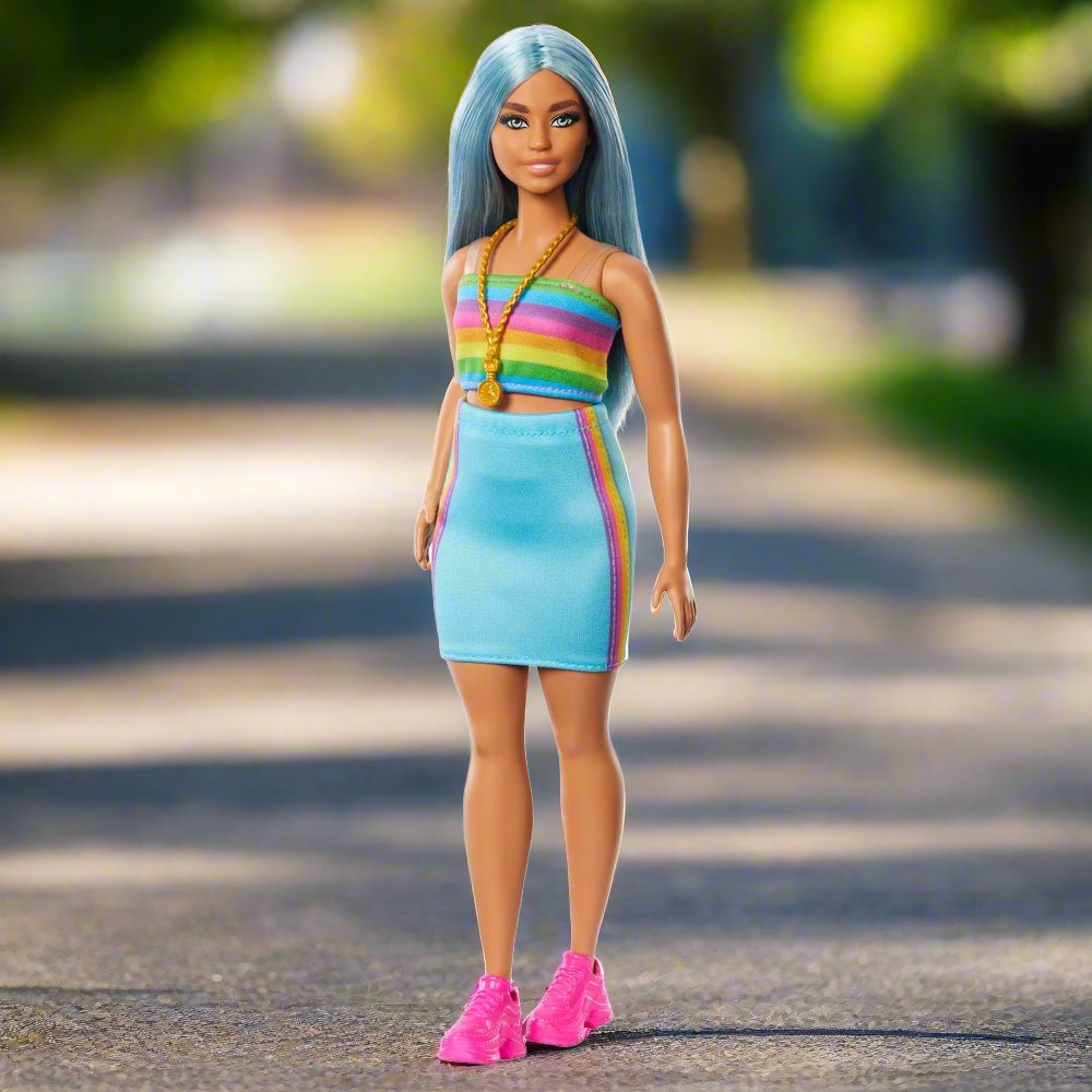 Barbie Fashionista 32cm Doll 218 with Blue Hair & Rainbow Top & Pink ...