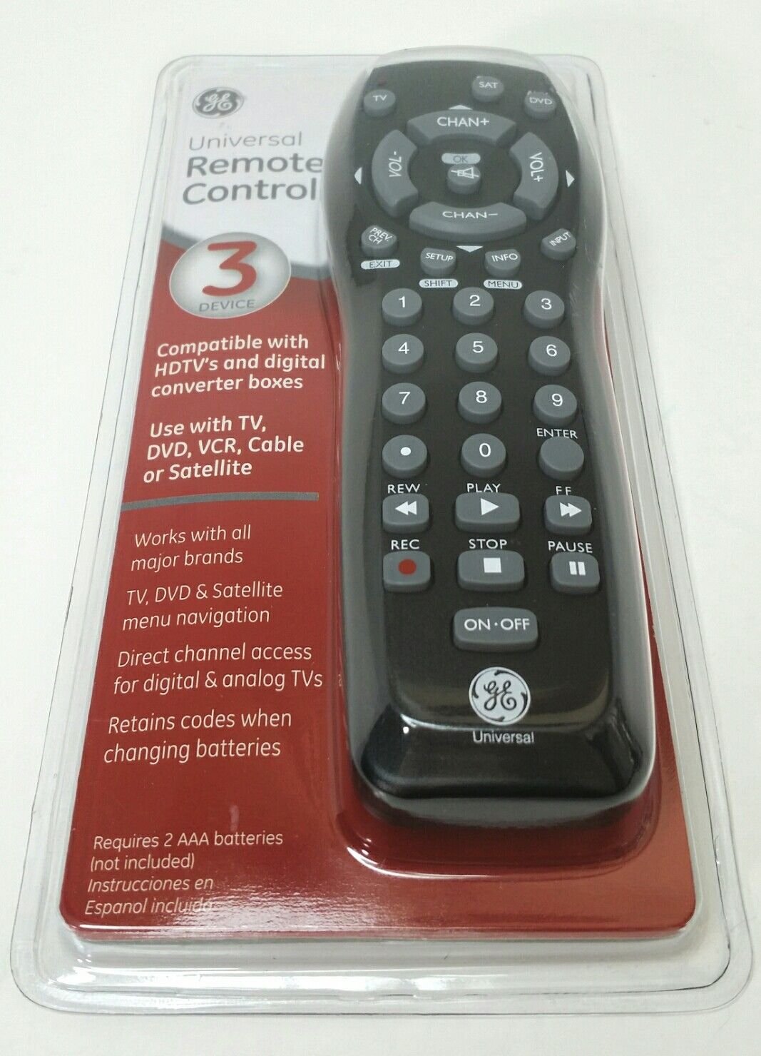 Universal Remote Control GE 3 Device TV DVD VCR Cable