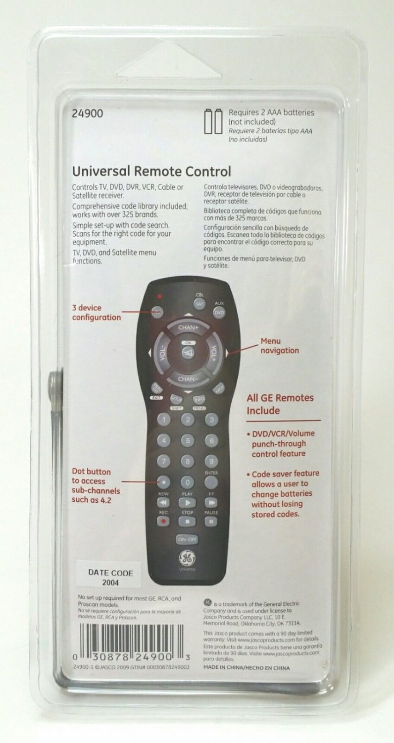 Universal Remote Control GE 3 Device TV DVD VCR Cable
