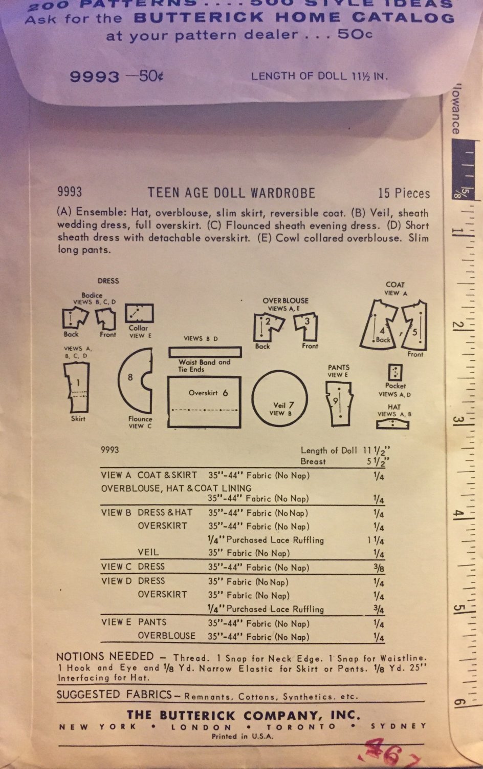 Butterick Pattern 9993 11-1/2" Fashion Dolls Teen Age Doll Wardrobe UNCUT!