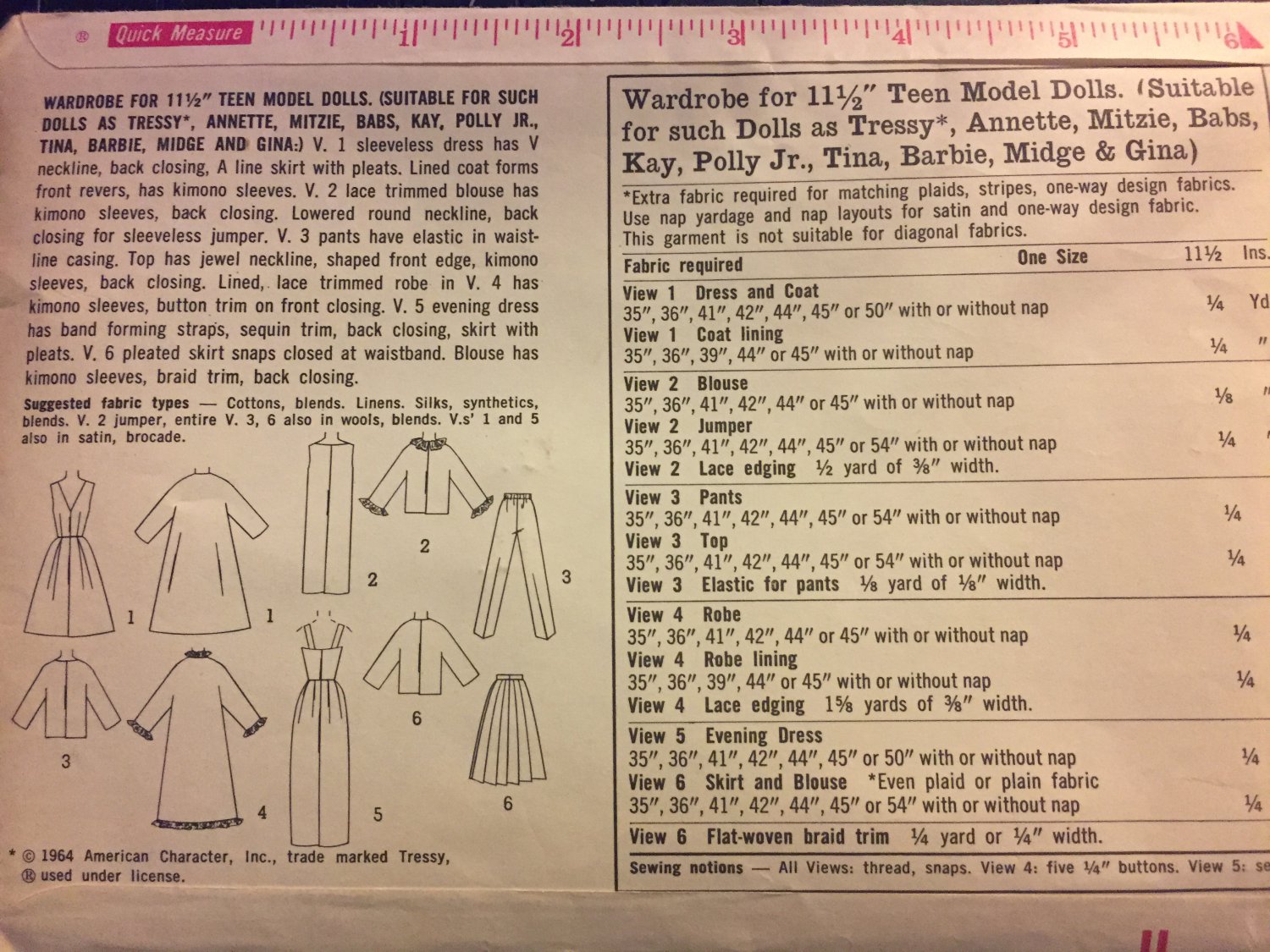 Simplicity 5731 Vintage Clothing Pattern for Tressy Wardrobe 11 1/2 ...