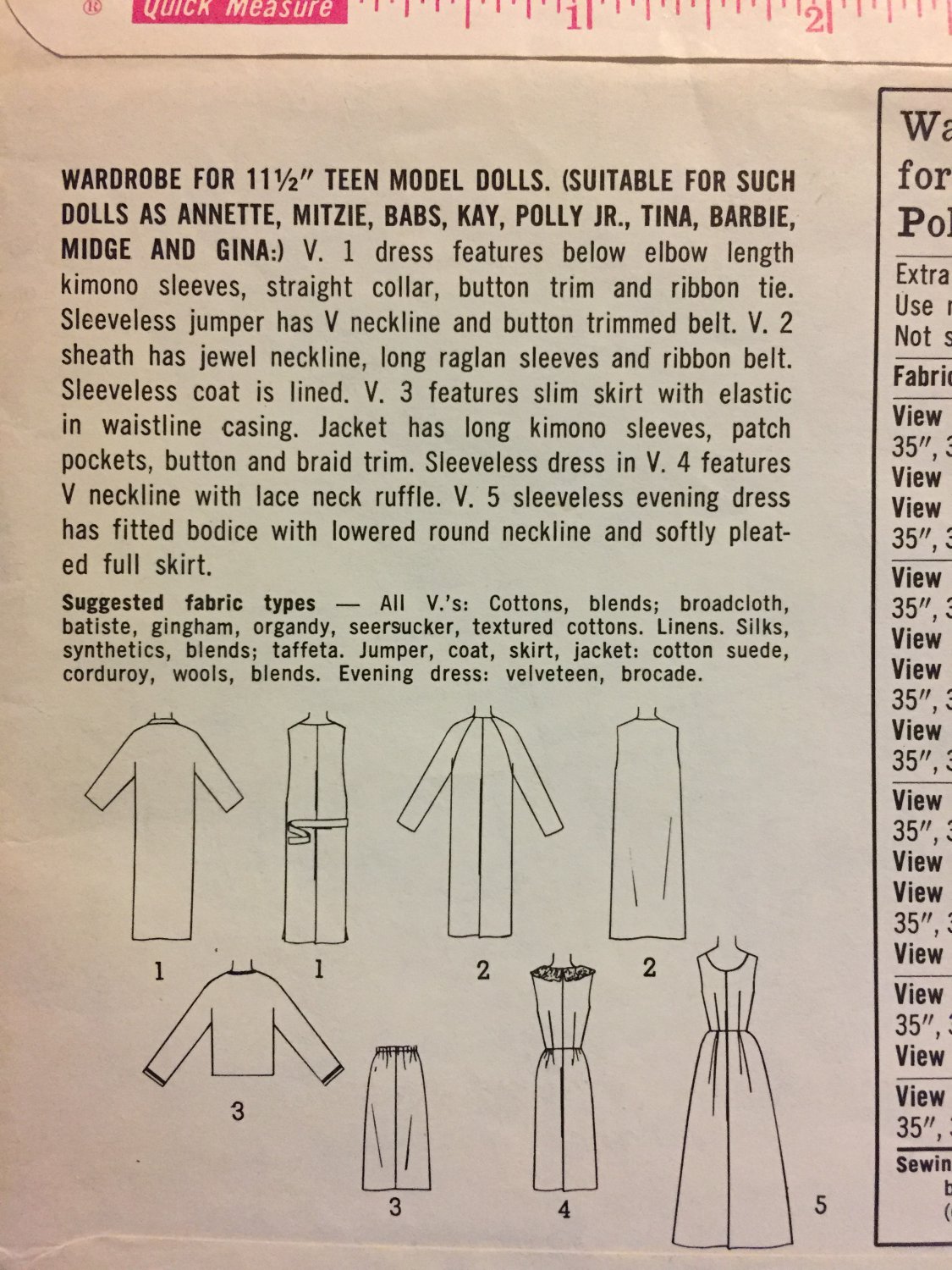 Simplicity 5673 Barbie Doll Clothes Pattern Wardrobe Fashion Doll ...