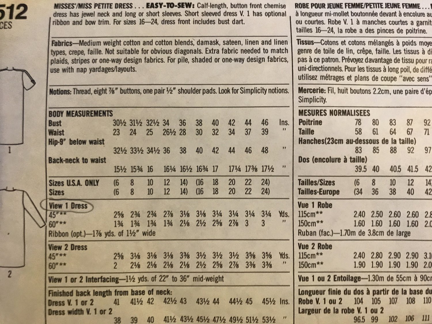 Simplicity 9512 Sewing Pattern Dress with Long or Short Sleeves 6 - 14