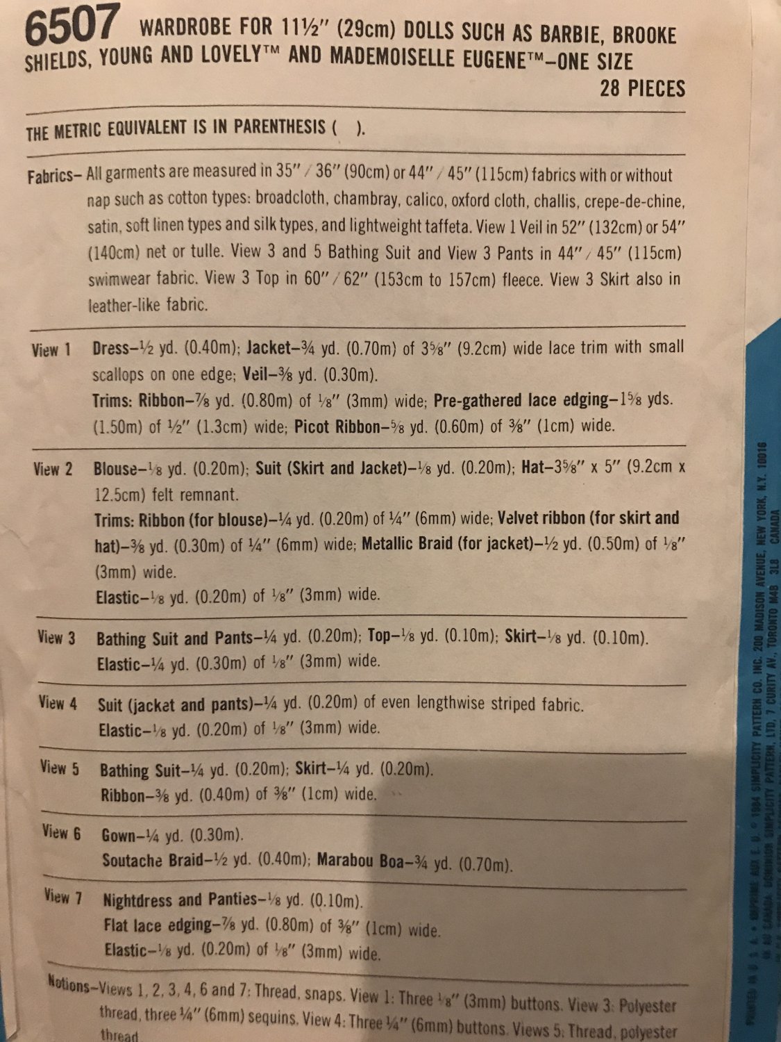 Simplicity 6507 Wardrobe for 11 1/2" Dolls Barbie, Brooke Shields ...