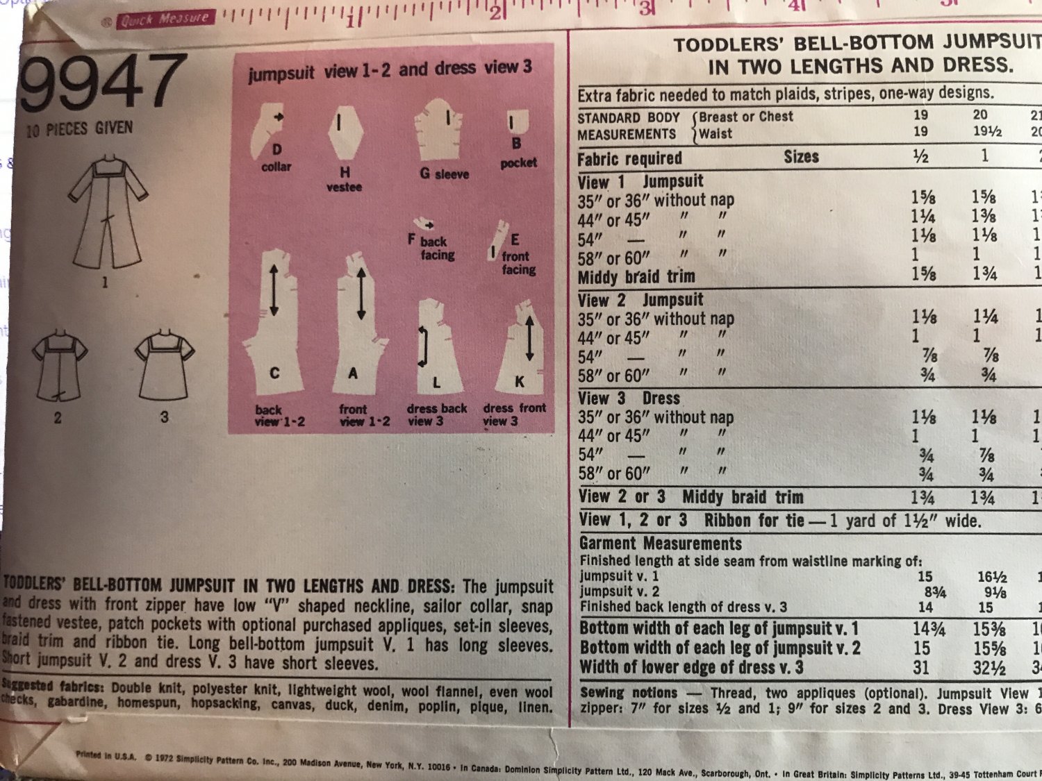 Simplicity 9947 Toddlers' Sailor Bell-Bottom Jumpsuit in Two Lengths ...