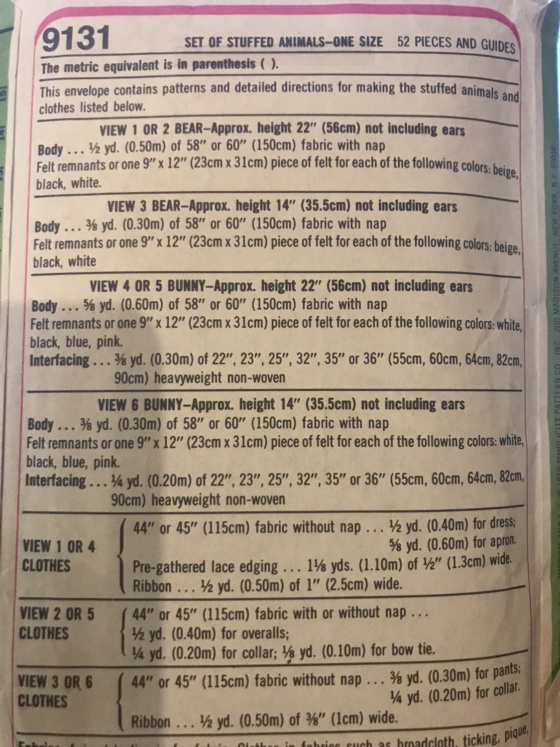 Simplicity 9131 Set of Stuffed Animals. 14" and 22" Rabbit and Teddy ...