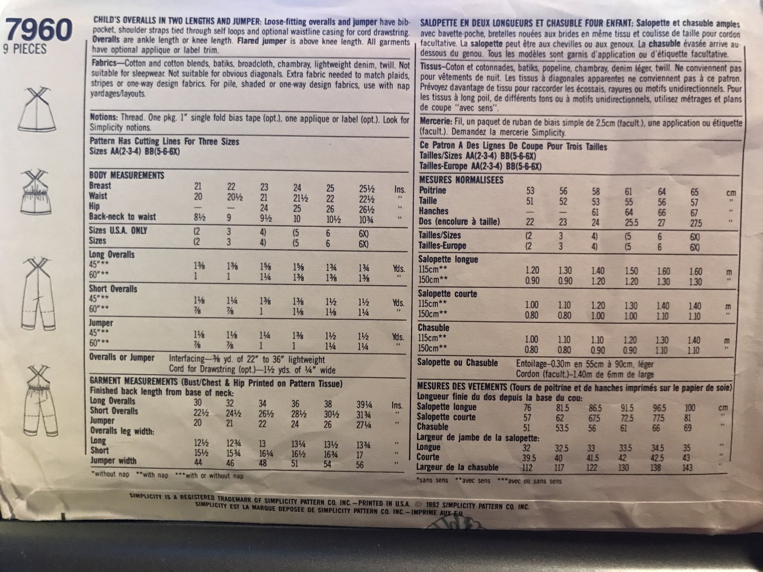 Simplicity 7960 Child's Jumper and Overalls in 2 lengths Sewing Pattern ...