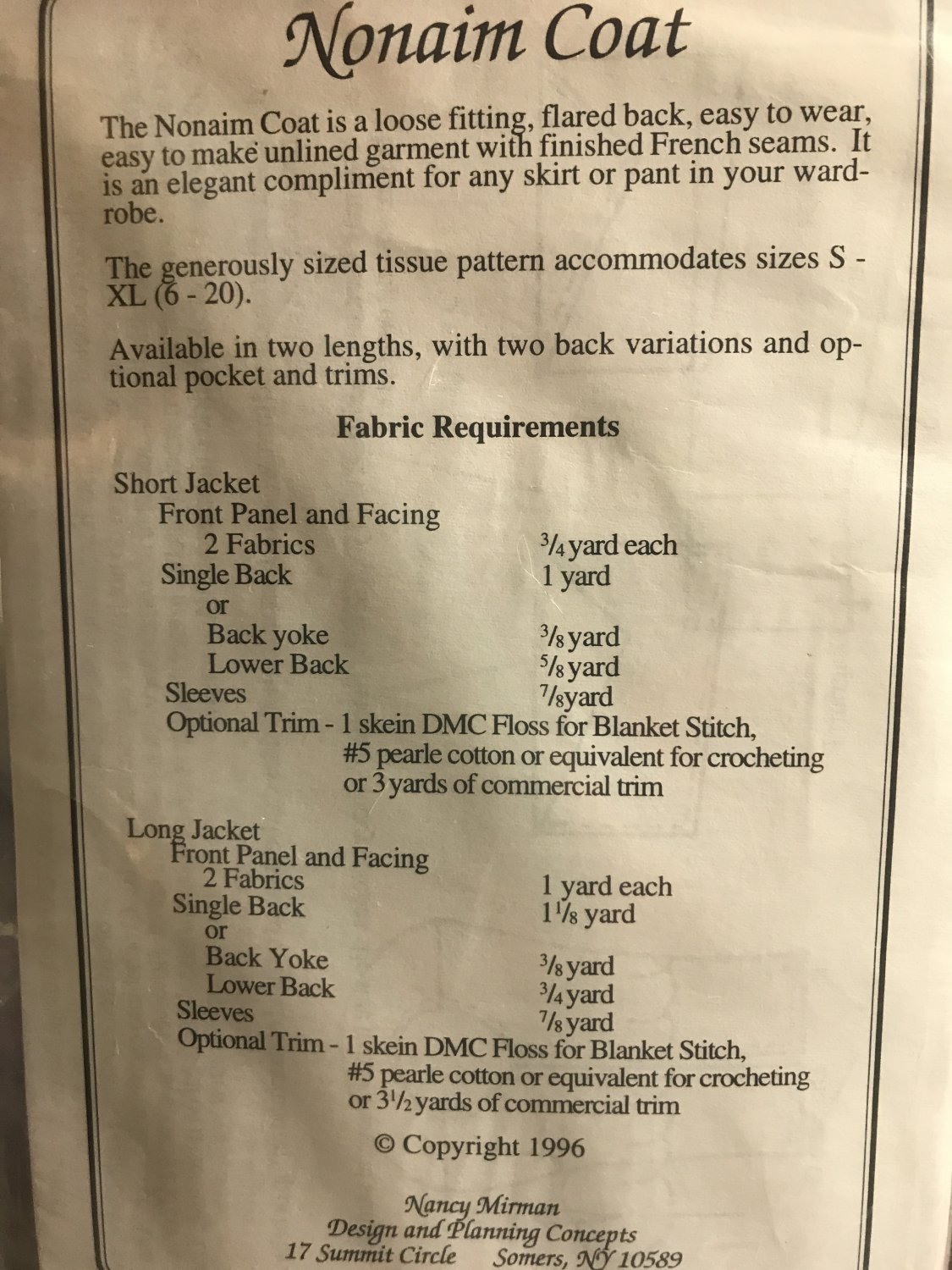 Nonaim Coat Sewing Pattern by Nancy Mirman size 6 - 20