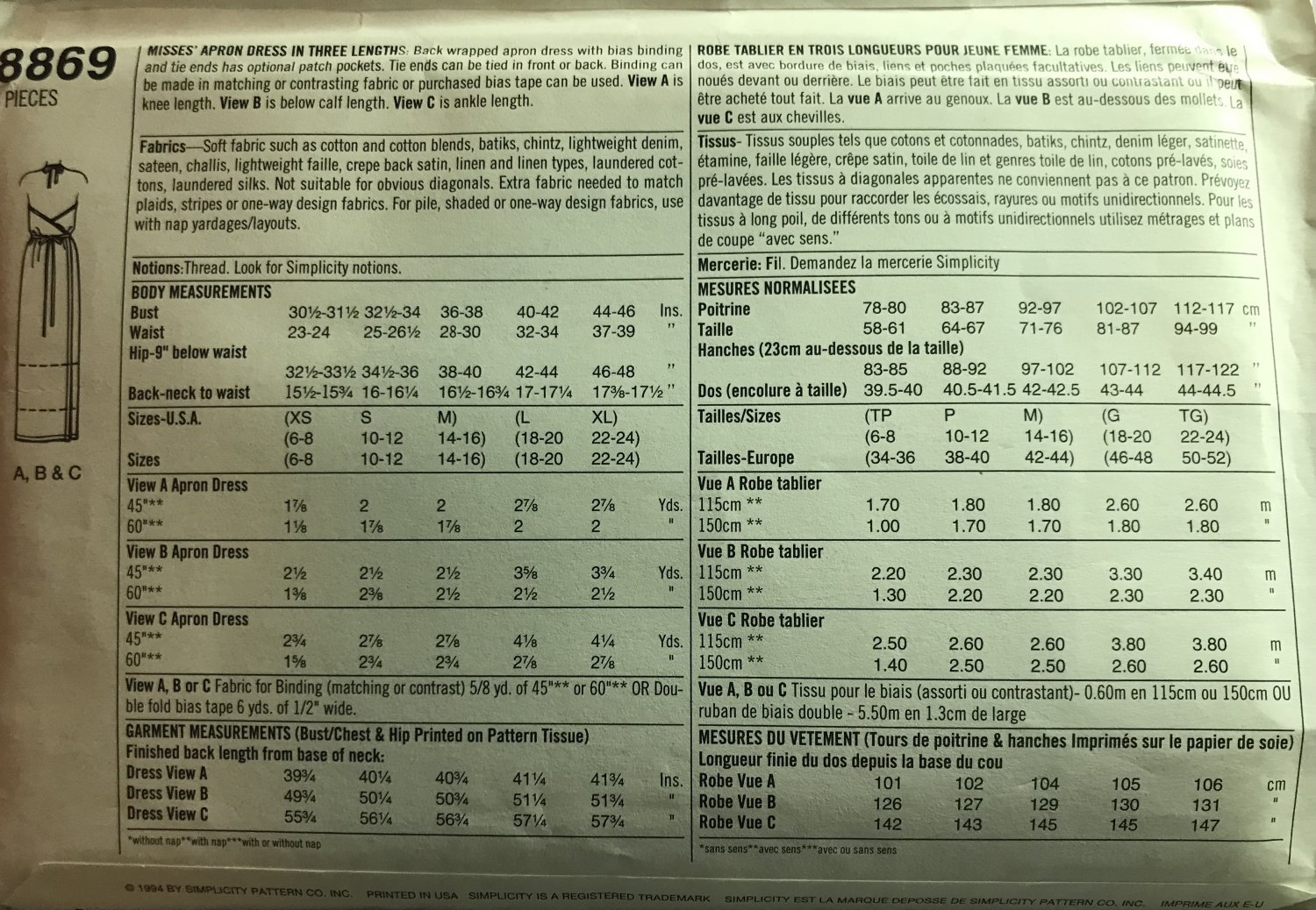 Simplicity 8869 Misses' Apron Dress 1 Hour XS S M 6-16 Sewing Pattern