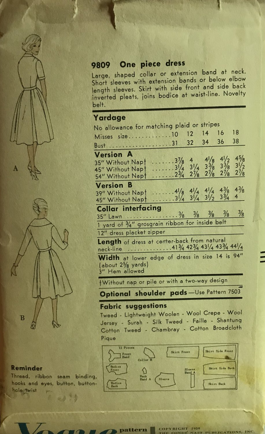 VOGUE 9809 1950s CLASSY Day Dress Pattern Two Versions Bust 38 Sewing ...