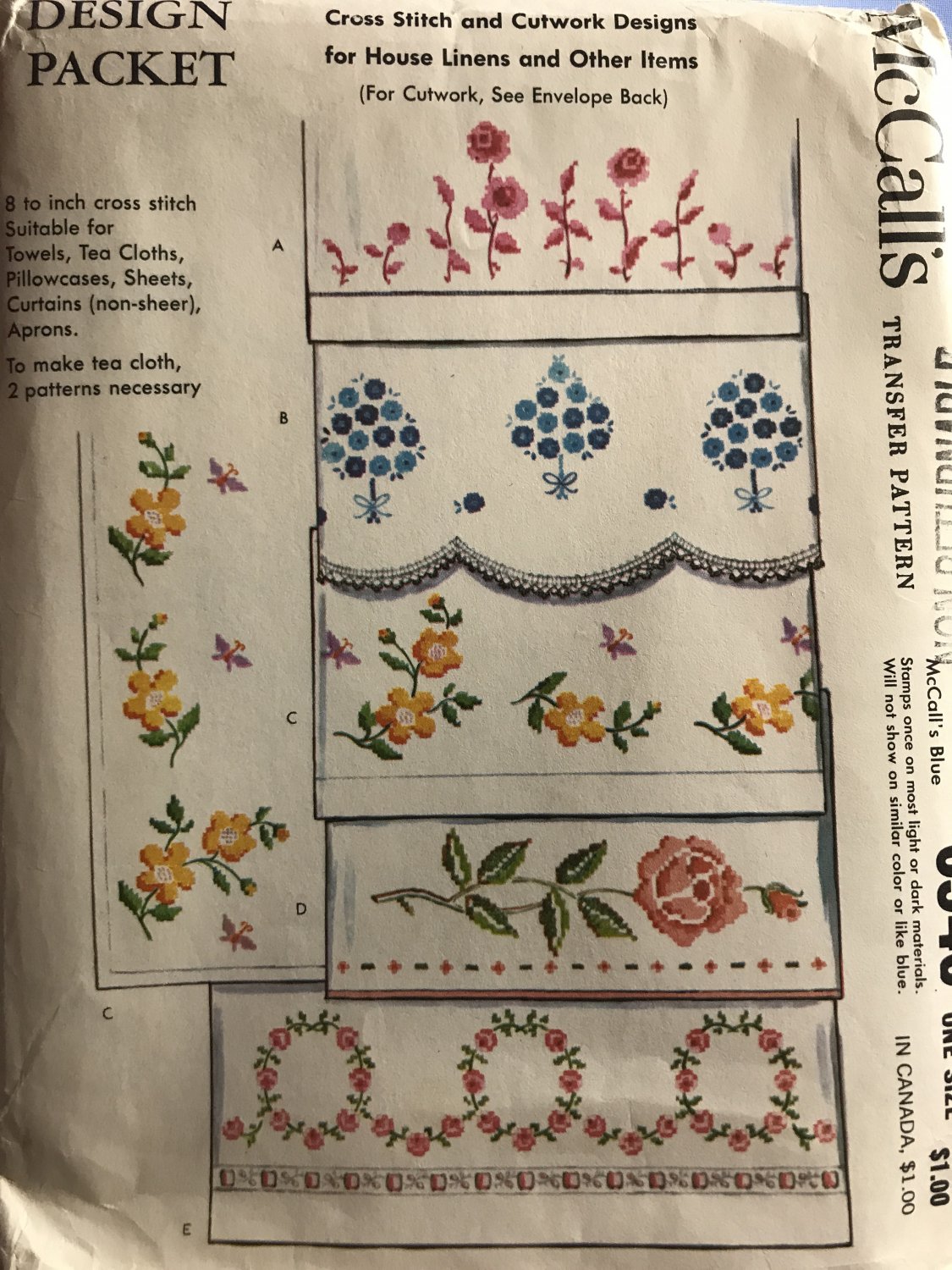 McCalls 6940 Transfer Pattern for cross stitch and cutwork designs