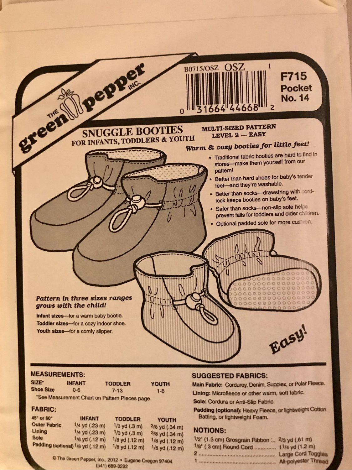 Snuggle Booties Sewing Pattern for Infants/Toddlers Green Pepper F715 ...