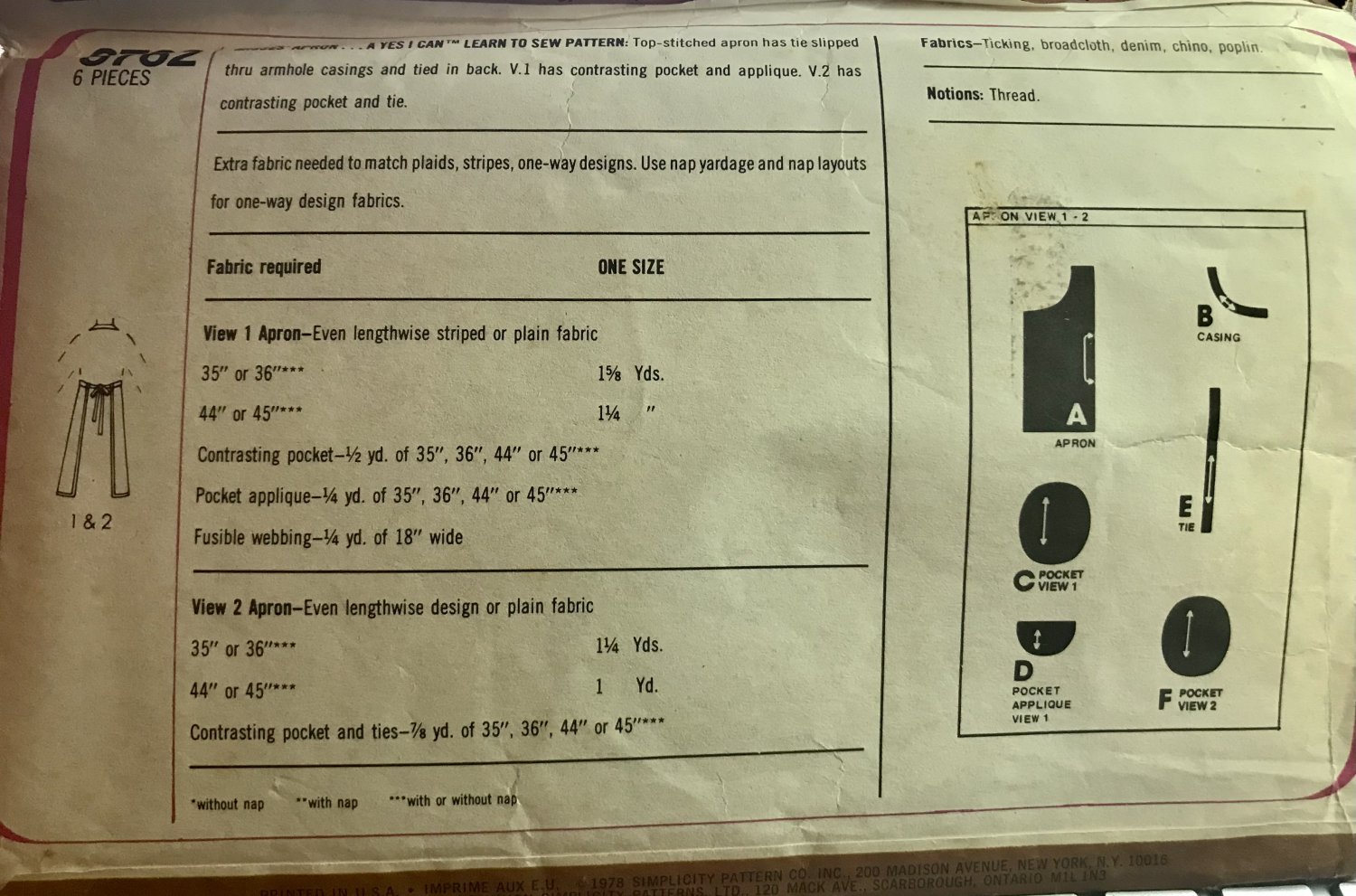 Simplicity 8762 Bib Apron Learn to Sew Sewing pattern One Size
