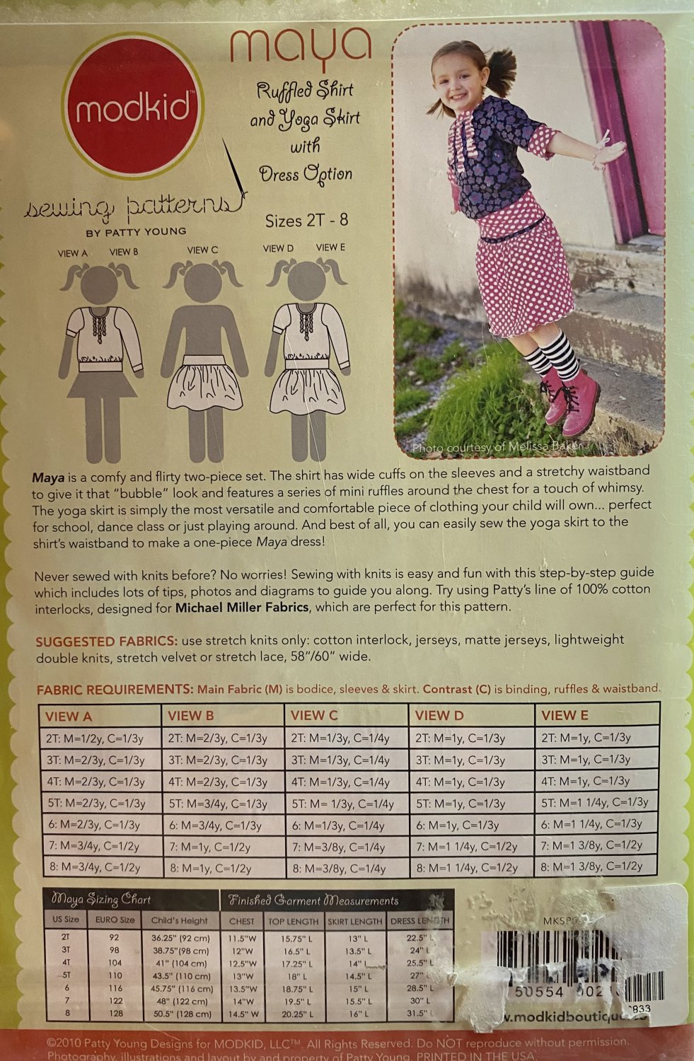 Modkid MAYA Top, Skirt and Dress Sewing Pattern size 2T to 8