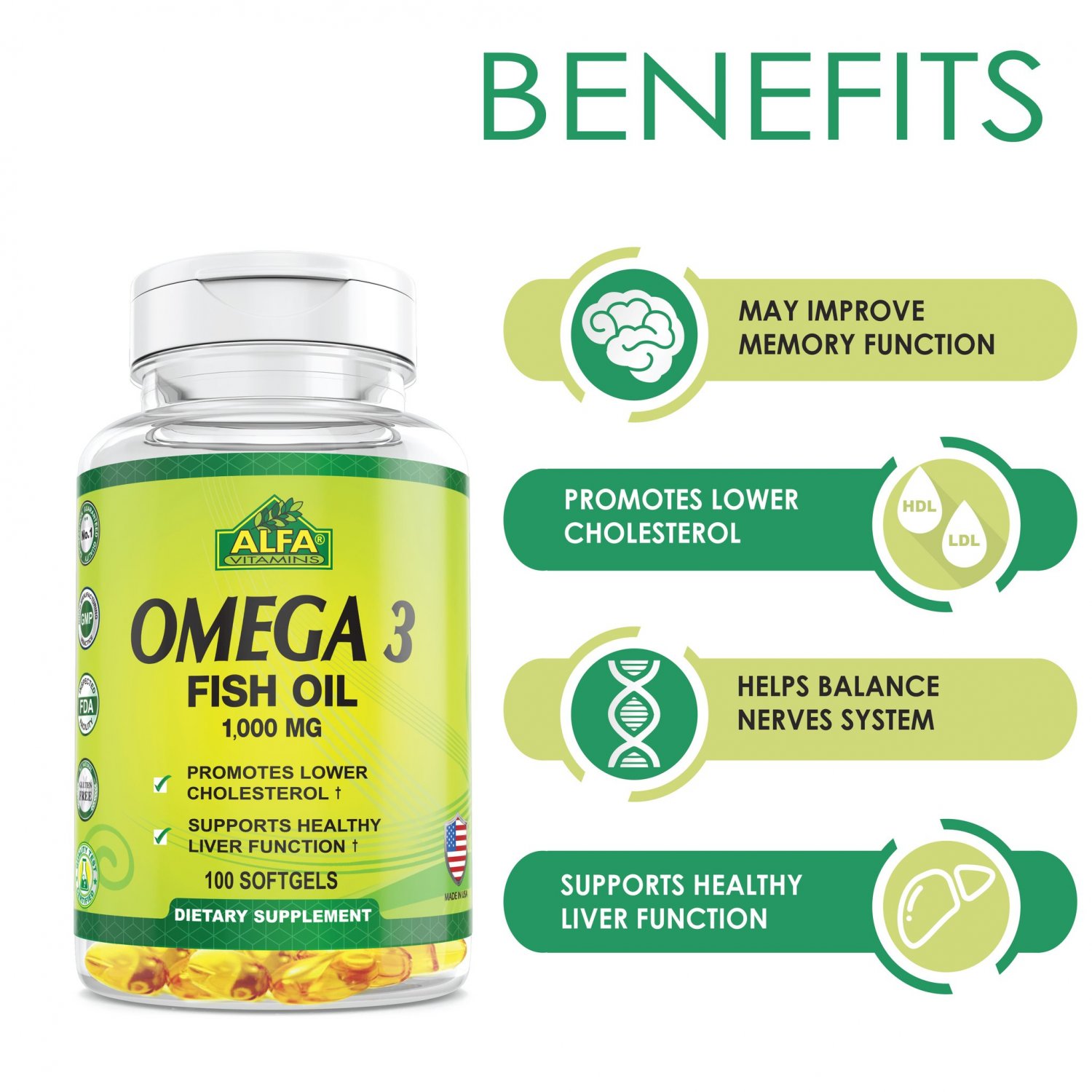 Alfa Vitamins ,Omega 3 Fish Oil 1000 mg - 100 softgels ( 2 bottles, 200 ...