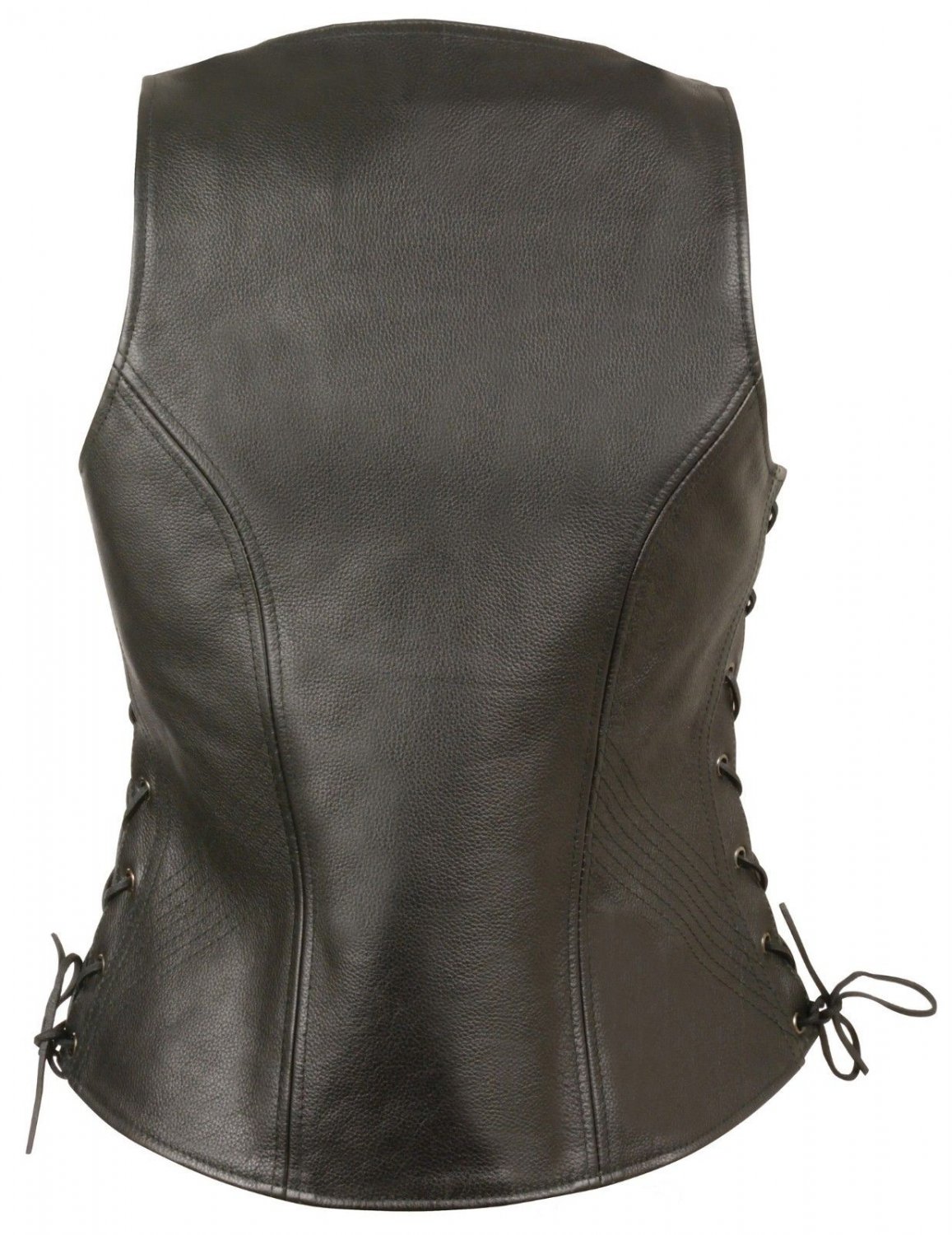 Ladies Zipper Front Side Lace Leather Vest w/ Open Neck & Zipper Pockets