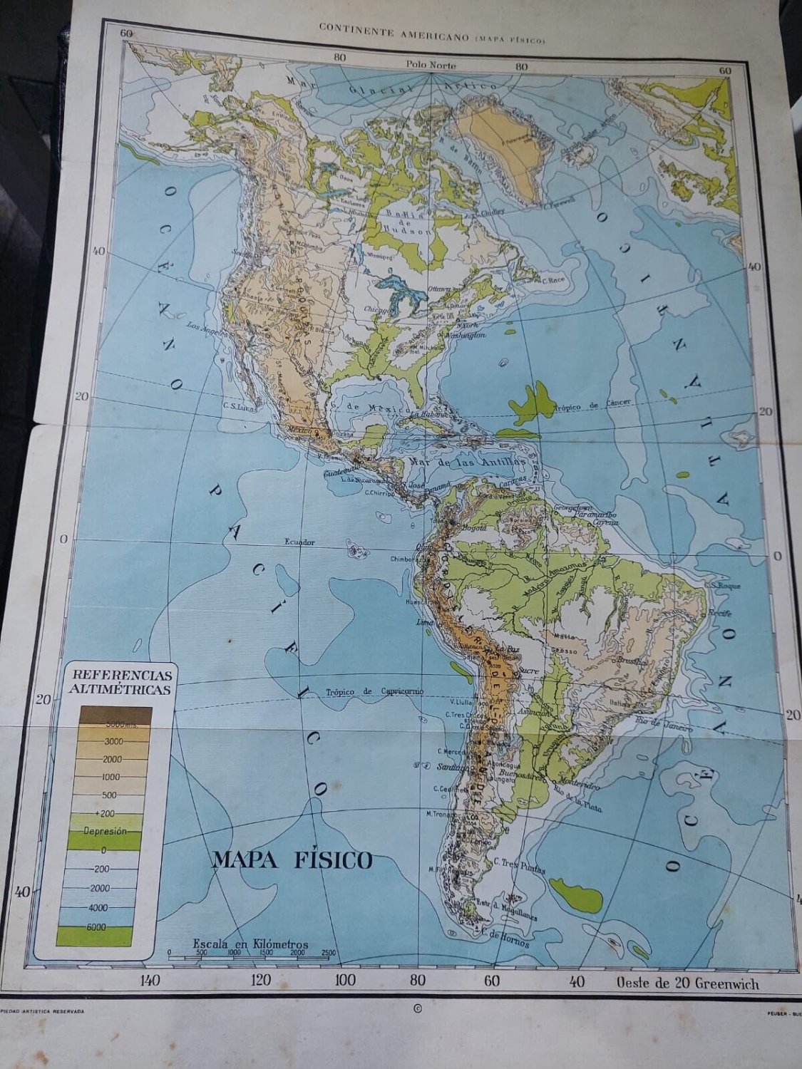 old physical map. American Continent Editorial Peuser 1962 in color