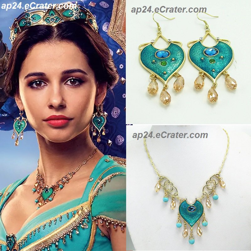 2019 ALADDIN Princess Jasmine Heart Necklace + Earrings SET Naomi Scott ...