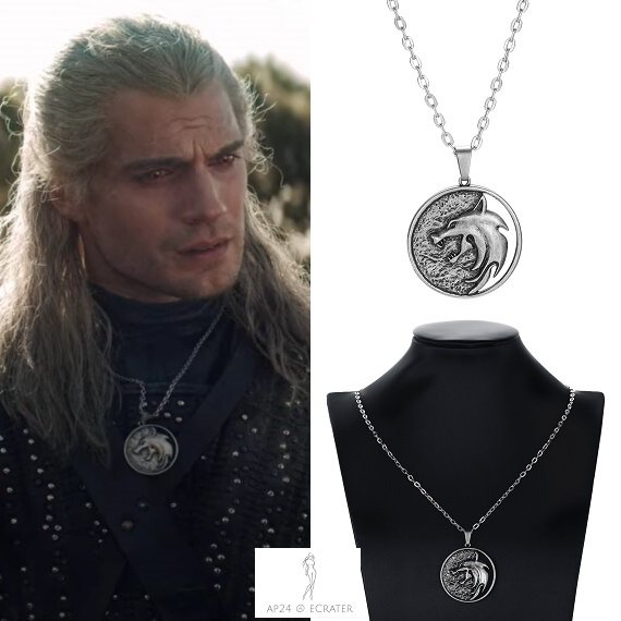2020 The Witcher Geralt of Rivia Gwynbleidd Medallion White Wolf Pendant Necklace Pouch