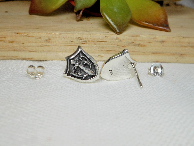 Silver Sword Shield Earrings, Knight Shield Stud Earrings