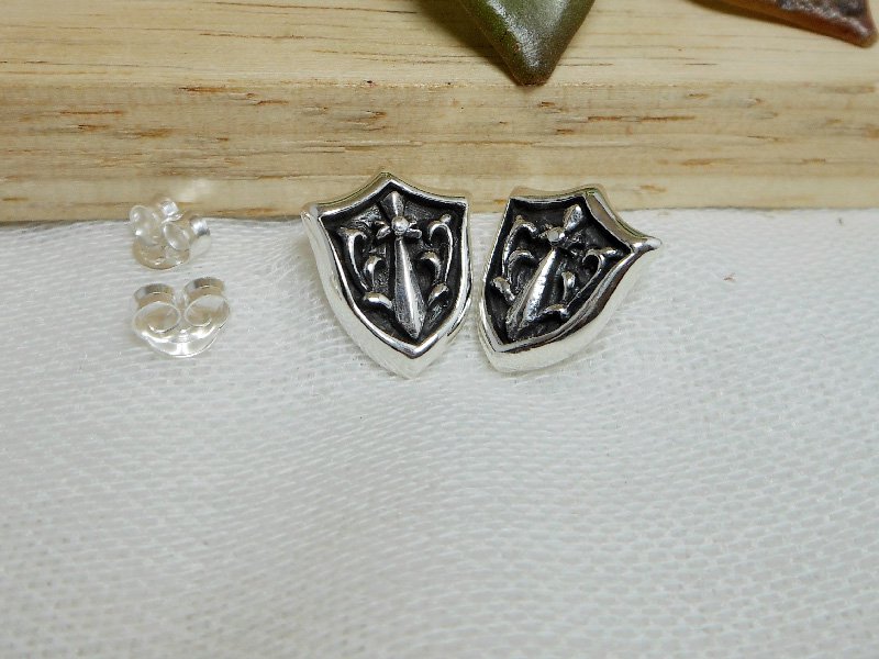 Silver Sword Shield Earrings, Knight Shield Stud Earrings