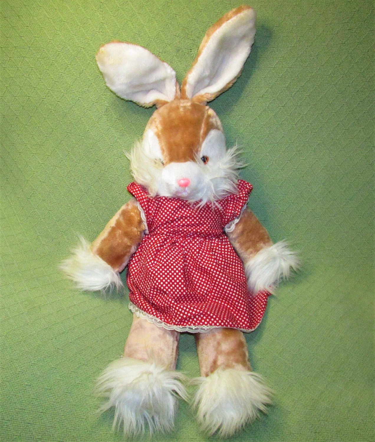 28" VINTAGE BUNNY RABBIT Plush Stuffed Red Polka Dot Dress Fluffy Furry ...