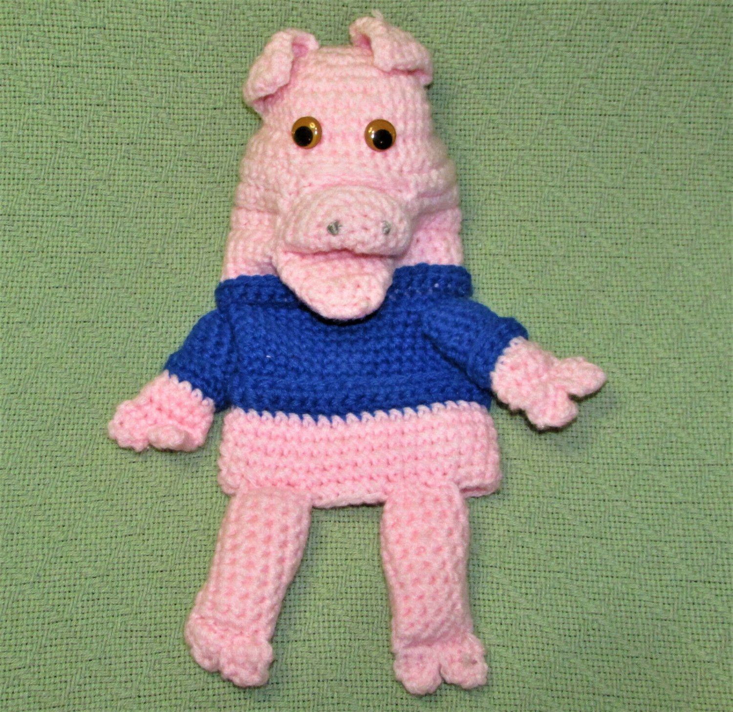 VINTAGE CROCHET PIG HAND PUPPET HANDMADE KNIT FULL BODY 13" ANIMAL PINK ...