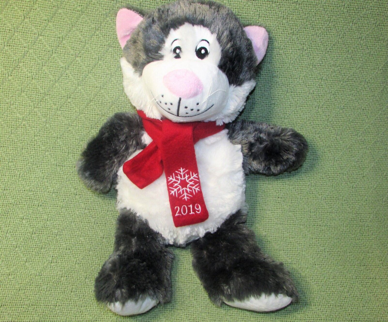 PETSMART CAT DARK GRAY PLUSH SQUEAKER 2019 RED SCARF STUFFED ANIMAL TOY 16"