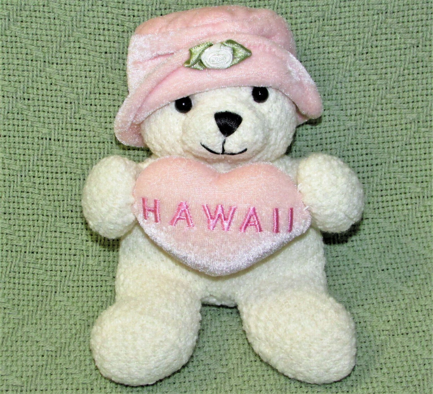 AURORA 7" HAWAII TEDDY BEAR STUFFED ANIMAL IVORY WAFFLE PLUSH PINK ...