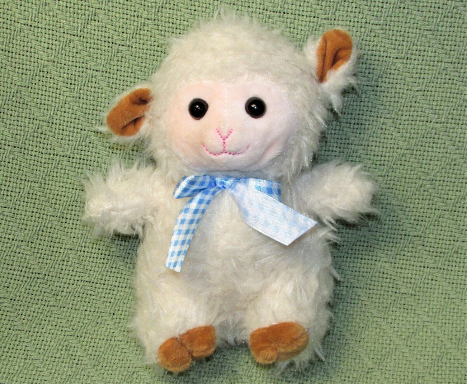 WALMART PLUSH LAMB SHAGGY SHEEP WHITE with BLUE CHECKED RIBBON 7 ...