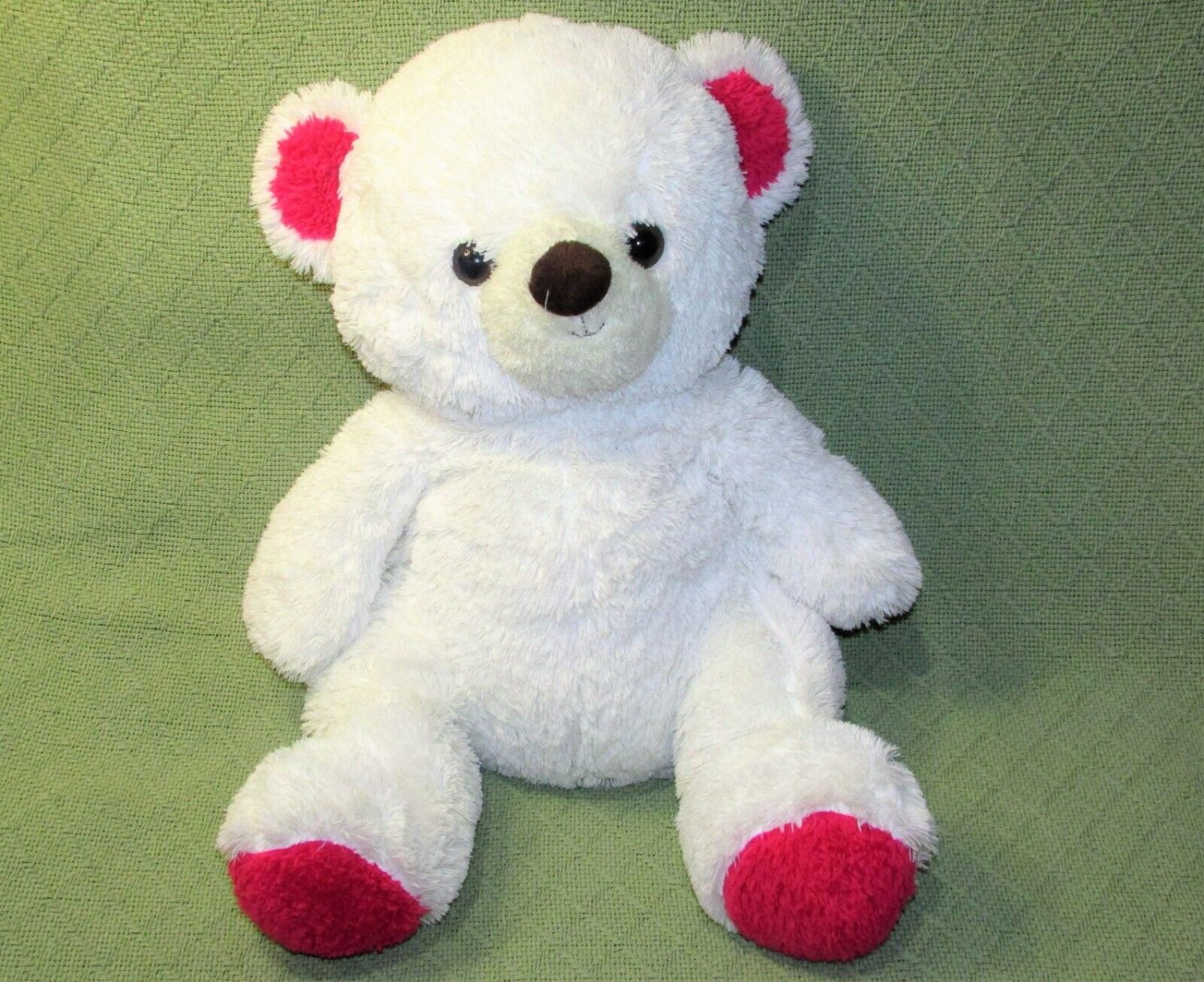 16" ANIMAL ADVENTURE TEDDY BEAR WHITE PLUSH WITH PINK PAWS EARS STUFFED ...