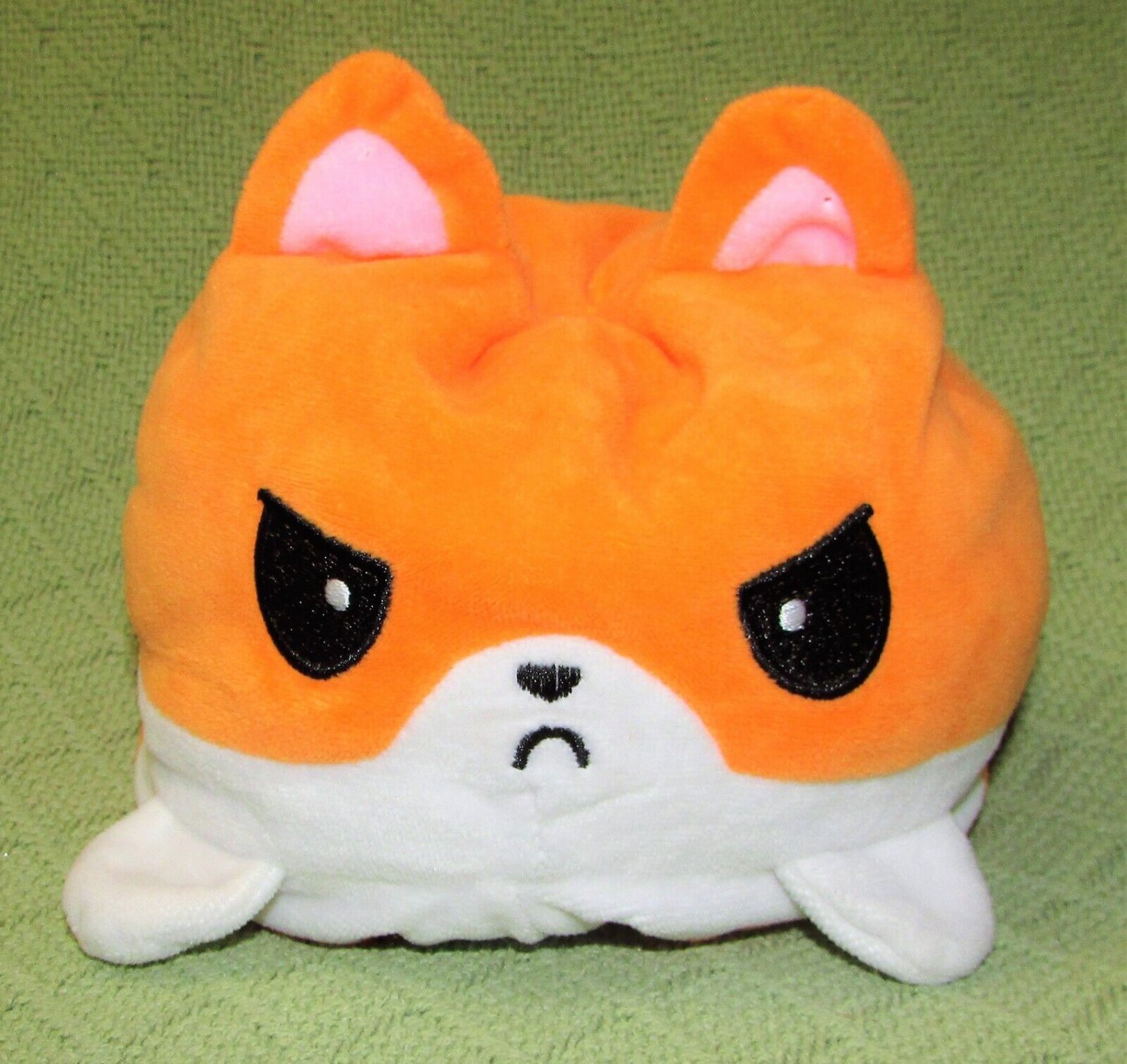 CHIBI PUFFS CAT REVERSIBLE ORANGE PLUSH HAPPY MAD FLIP STUFFED ANIMAL 10"